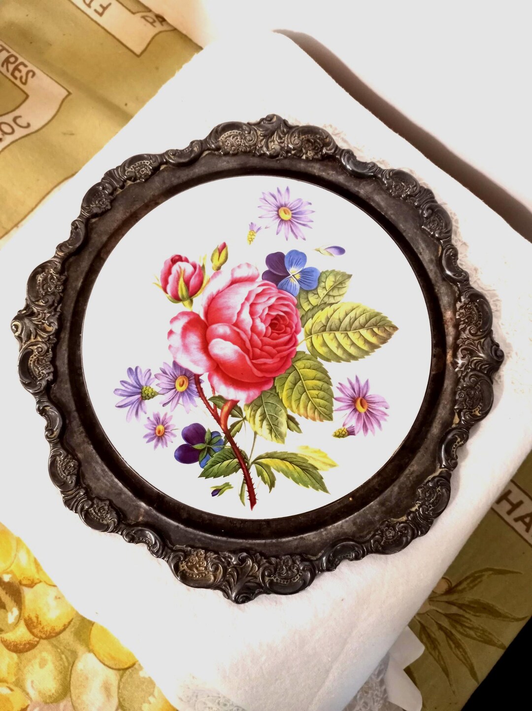Vtg Wallace Baroque Silverplate Floral Porcelain Tile Table Trivet ...