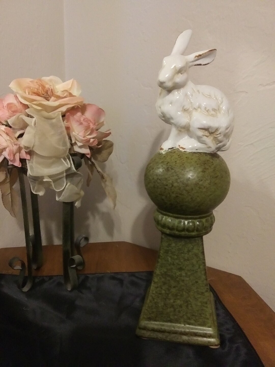 Pottery White Rabbit on Tall Moss Green Ceramic Pillar With Sphere on ...