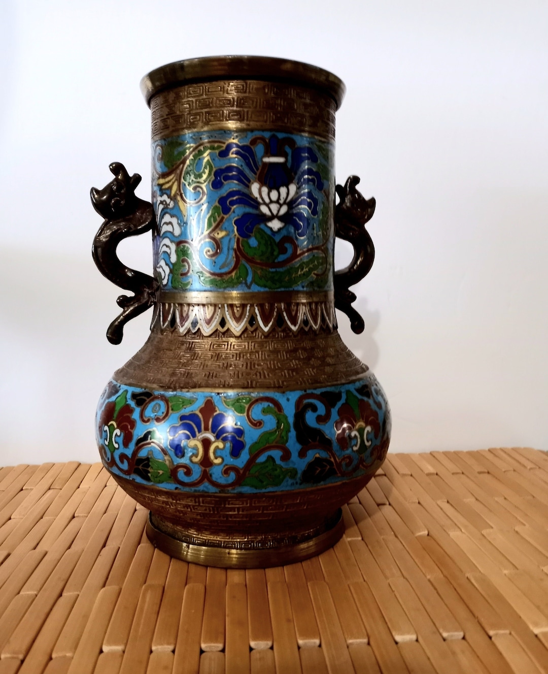 Antique Etched Brass Bronze Champleve Enamel Flowers Vase, Cloisonne ...