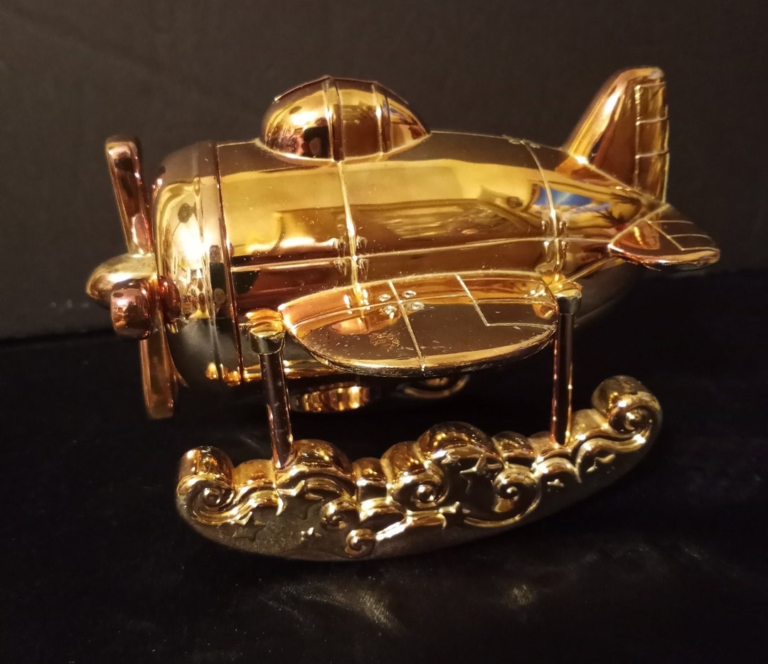 Vtg. Reed and Barton Metallic Gold Ceramic Seaplane Coin Bank With Real ...