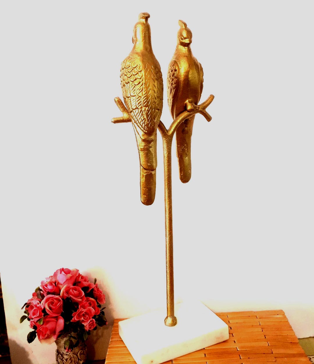 Vtg Cockatiel Parrots Pair on 20" Tall Tree Branch Sculpture, 22K Gold ...