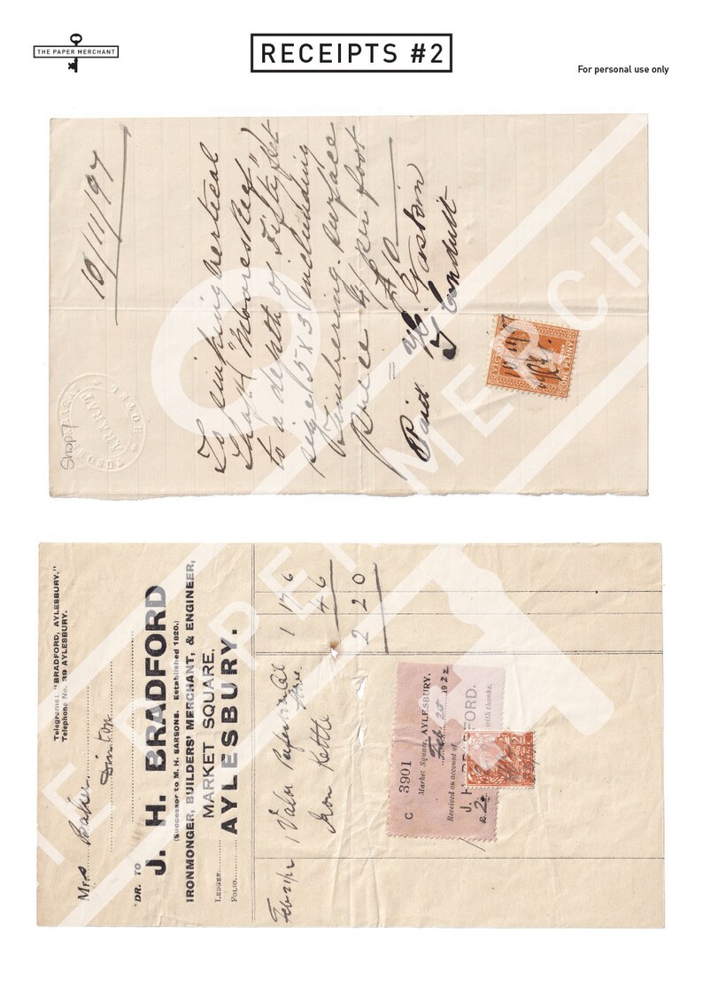 5 Vintage Receipts #2 - Digital Download Printable - Ephemera Collage ...