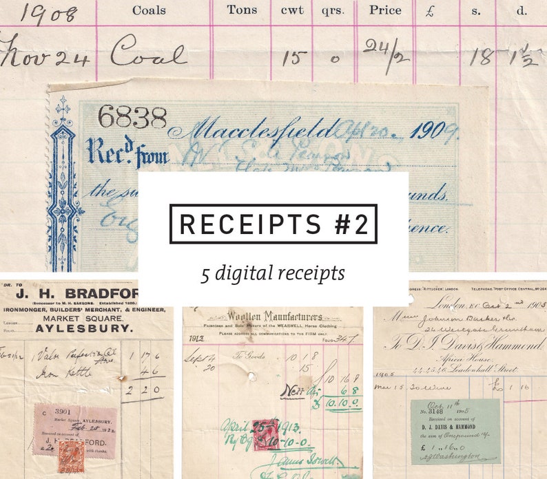 5 Vintage Receipts #2 - Digital Download Printable - Ephemera Collage ...