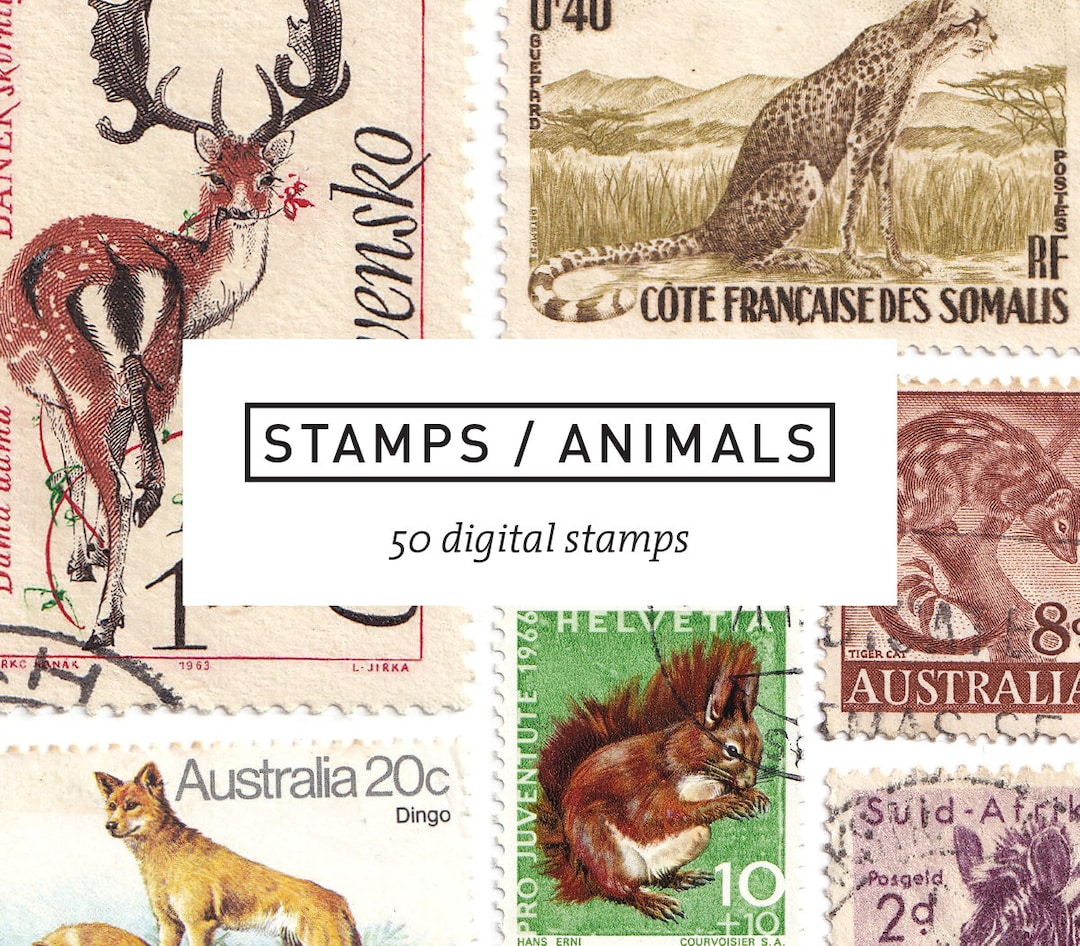 50 Vintage Animal Postage Stamps - Digital Download Printable ...