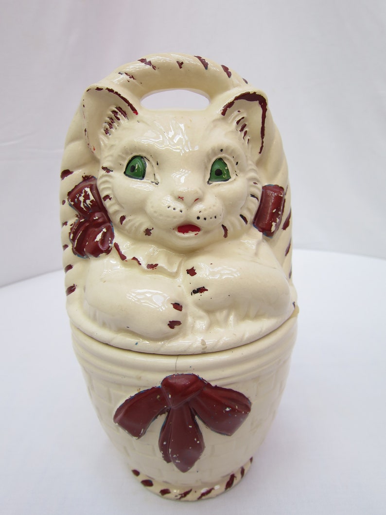 Vintage American Bisque Cat in Basket Cookie Jar - Etsy