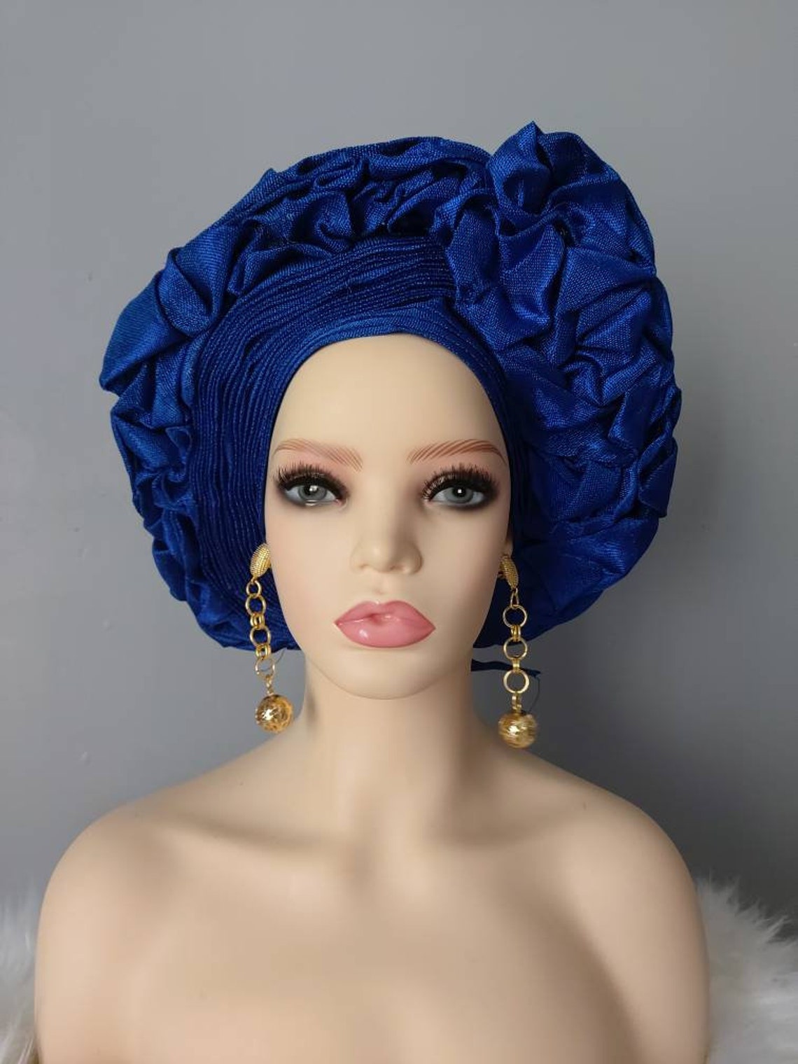 Royal Blue Aso Oke Auto Gele, Pre Tied Wedding Gele, Turban Headwrap ...