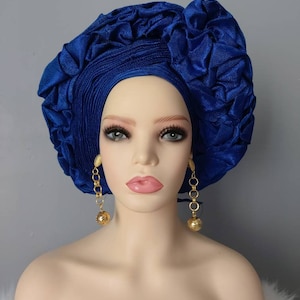 Royal Blue Aso Oke Auto Gele, Pre Tied Wedding Gele, Turban Headwrap ...
