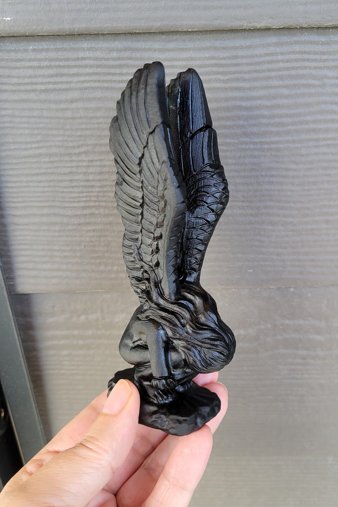 5.6 Black Obsidian Carved Crystal Fallen Angel Figurine, Obisidian ...
