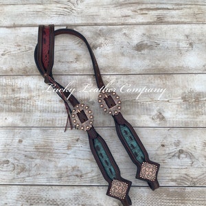 Chocolate & Turquoise Gator Headstall, USA Made, Herman Oak Chocolate ...
