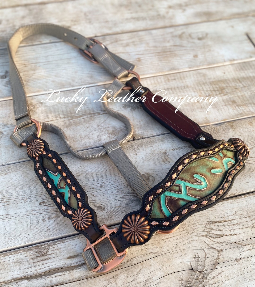 Turquoise & Copper Branded Bronc Halter W Cheeks, Horse Bronc Halter ...