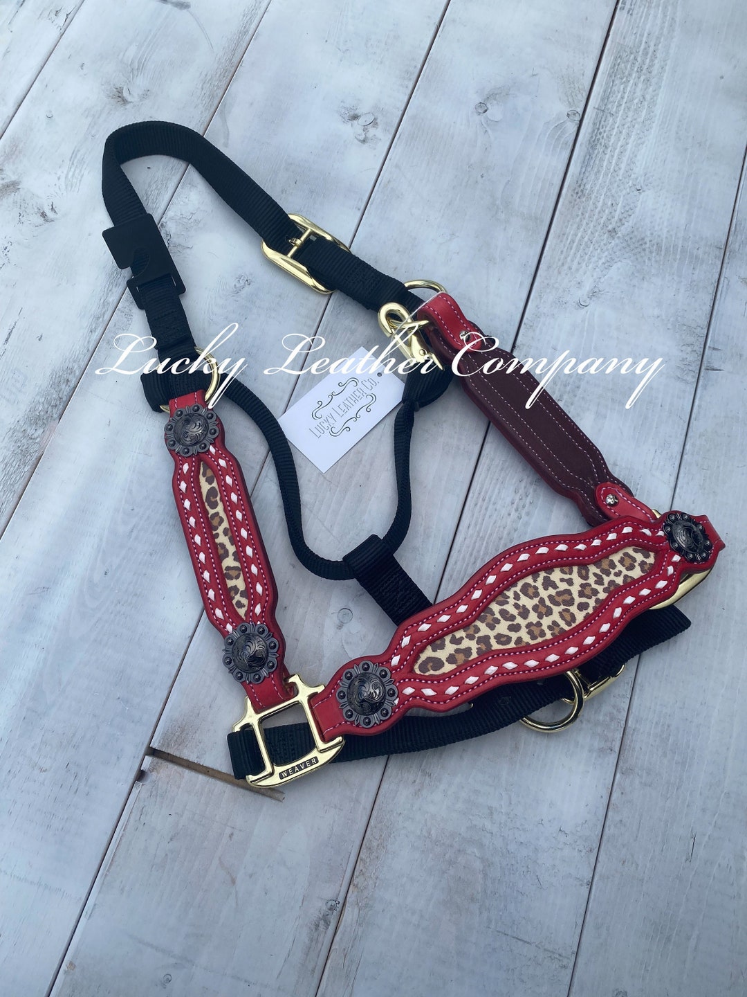 Red & Cheetah 3 Piece Bronc Halter, Cheetah Tack, USA Made, Leather ...