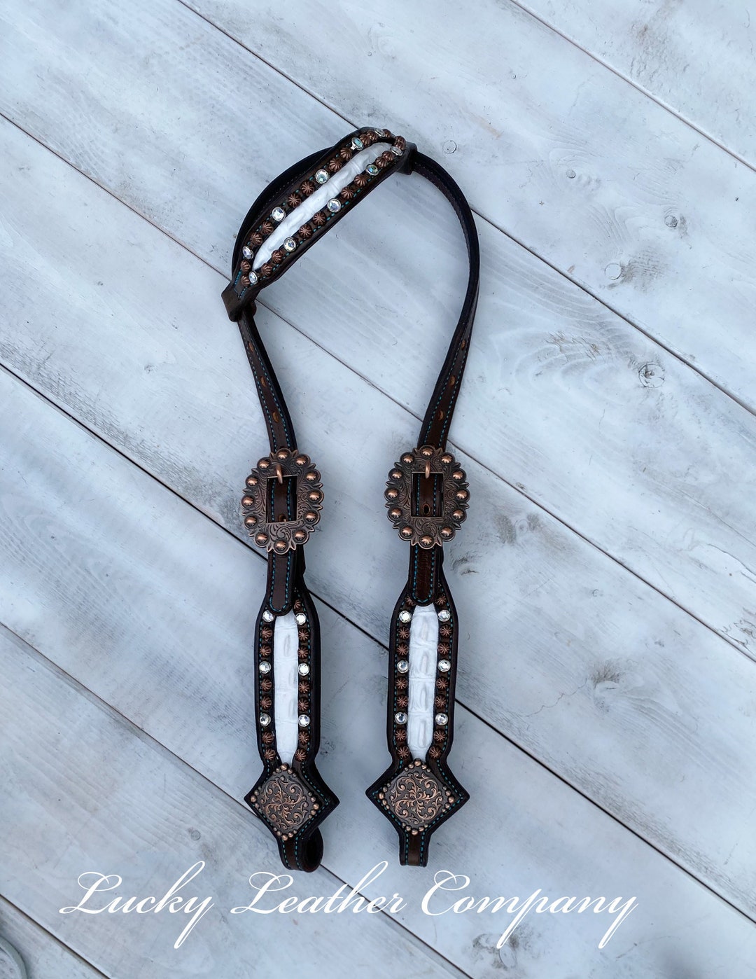 White Gator Bling Headstall, USA Made, Chocolate Herman Oak Leather ...
