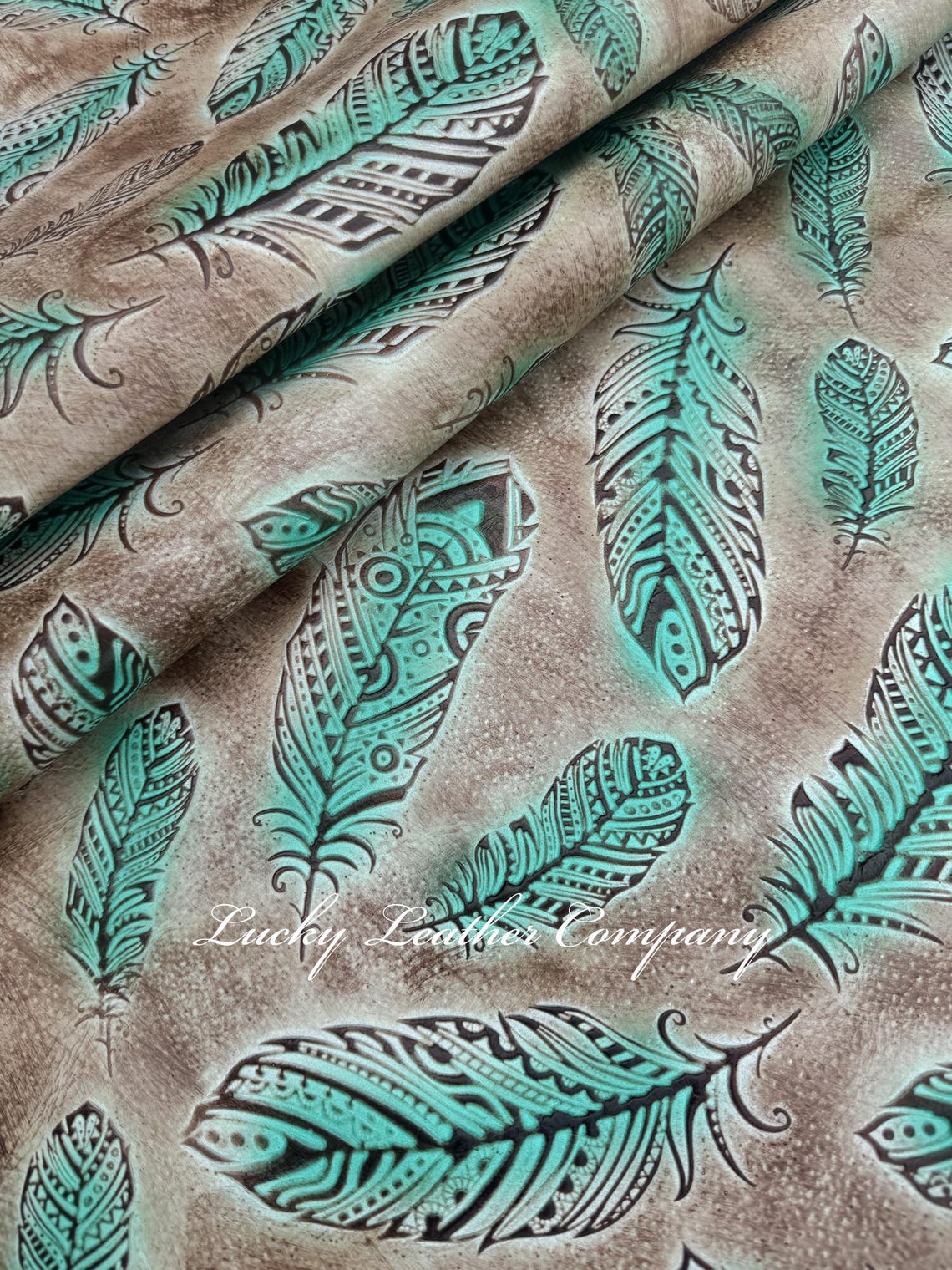 Genuine Tan & Turquoise Feather Embossed Leather Sheet, Crafting ...
