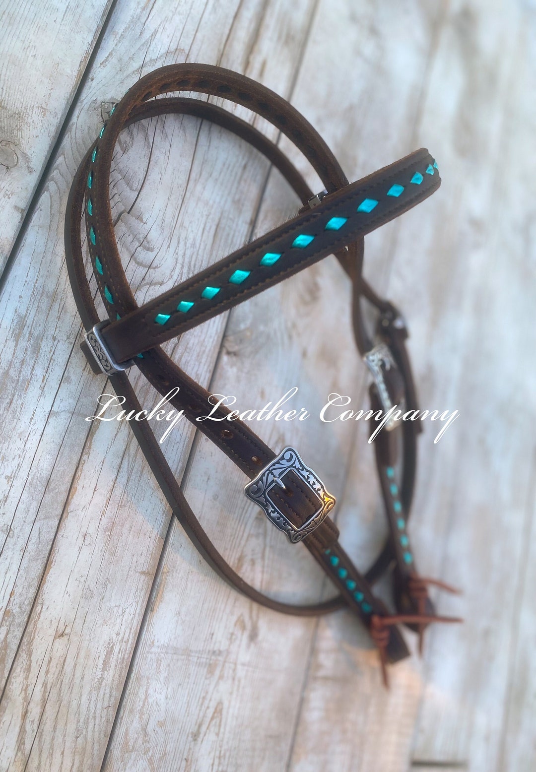 USA Made, Butter Soft Chocolate & Metallic Aqua Headstall, Horseshoe ...
