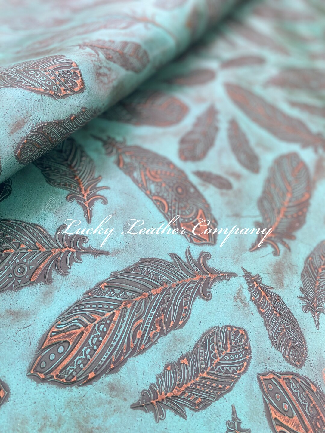 Genuine Turquoise Feather Embossed Leather Sheet, Crafting Leather ...