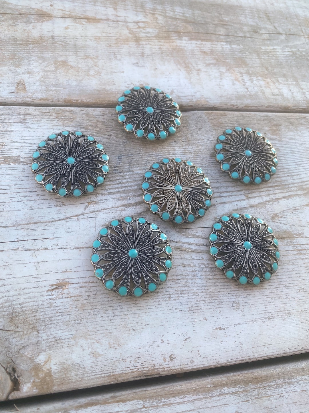 Antique Silver & Turquoise Floral Concho, Western Conchos, Replacement ...