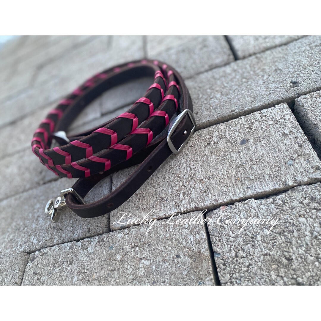 Pink & Chocolate Laced Reins, USA Made, Herman Oak Leather, Butter Soft ...