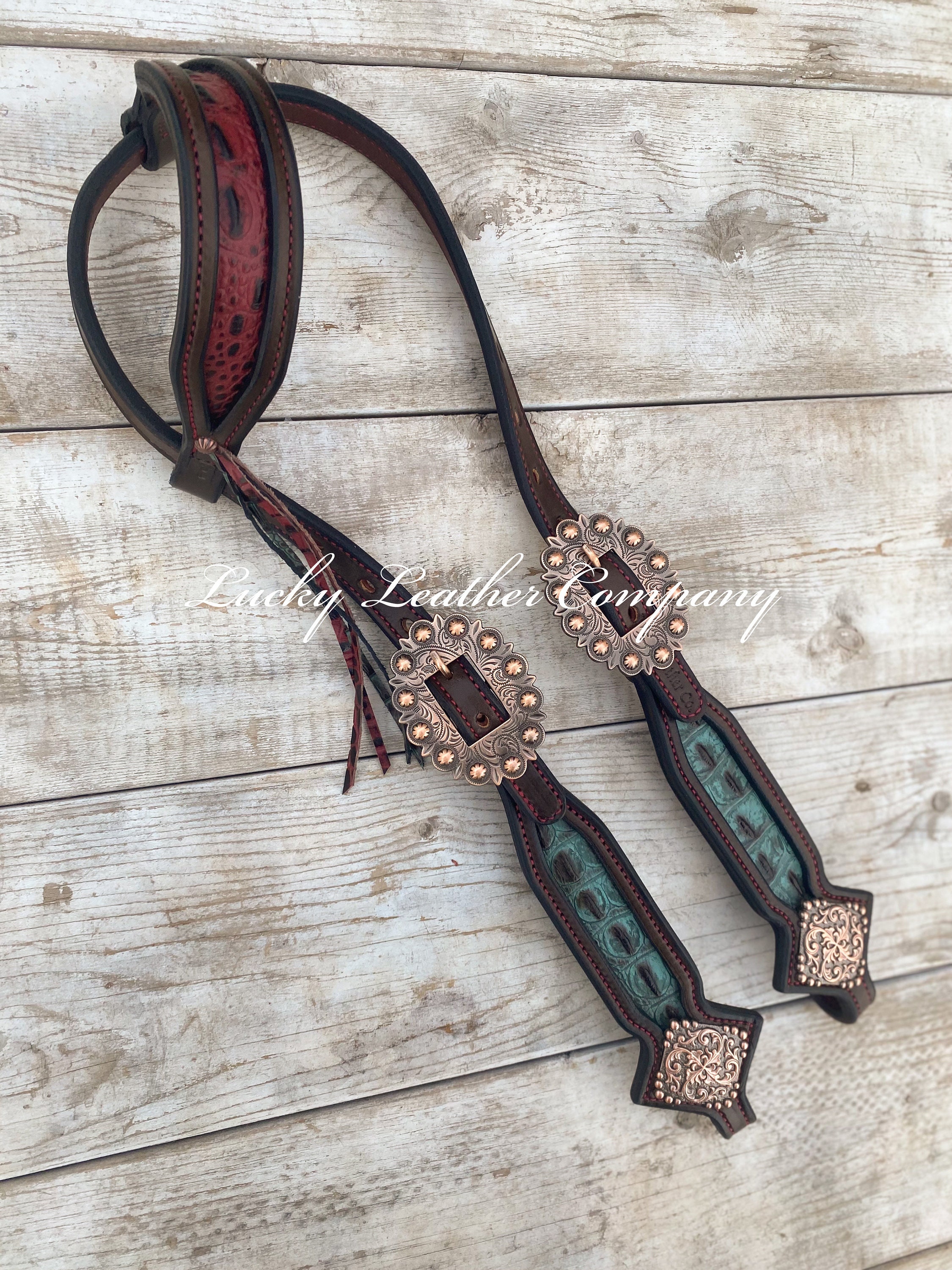 Chocolate & Turquoise Gator Headstall, USA Made, Herman Oak Chocolate ...