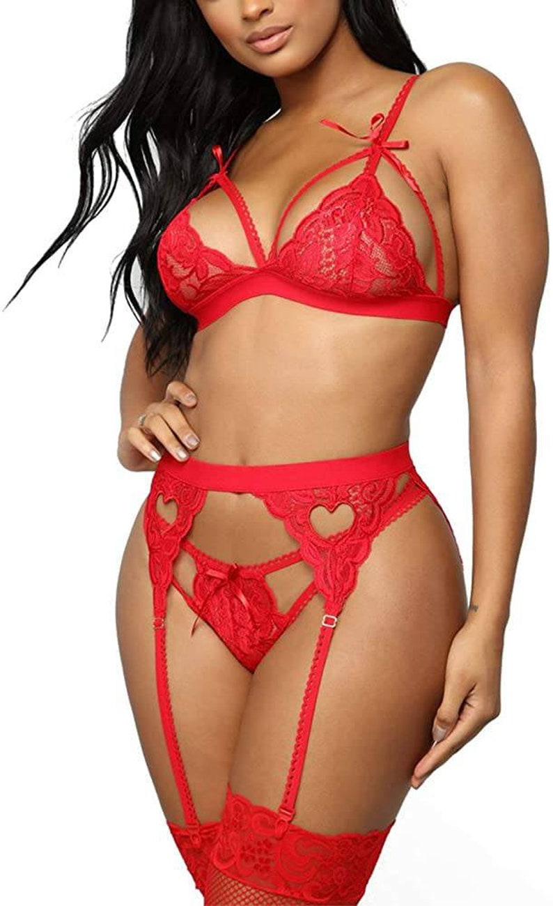 Damen Dessous Set Strapse Reizwäsche 3 Teiliges Set Spitzen Strumpfband