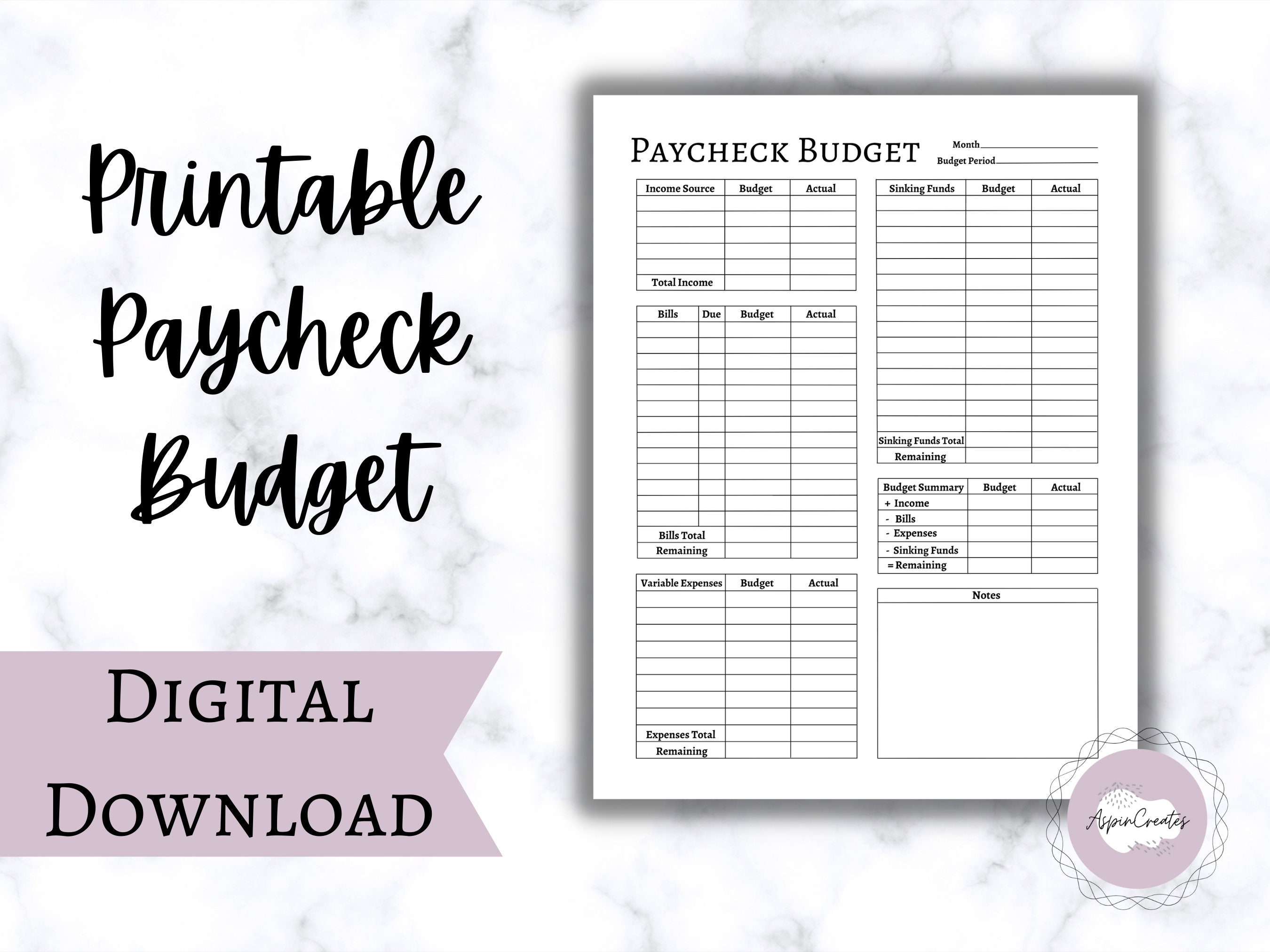 Printable Zero Based Paycheck Budget, Cash Envelope Method, Instant ...