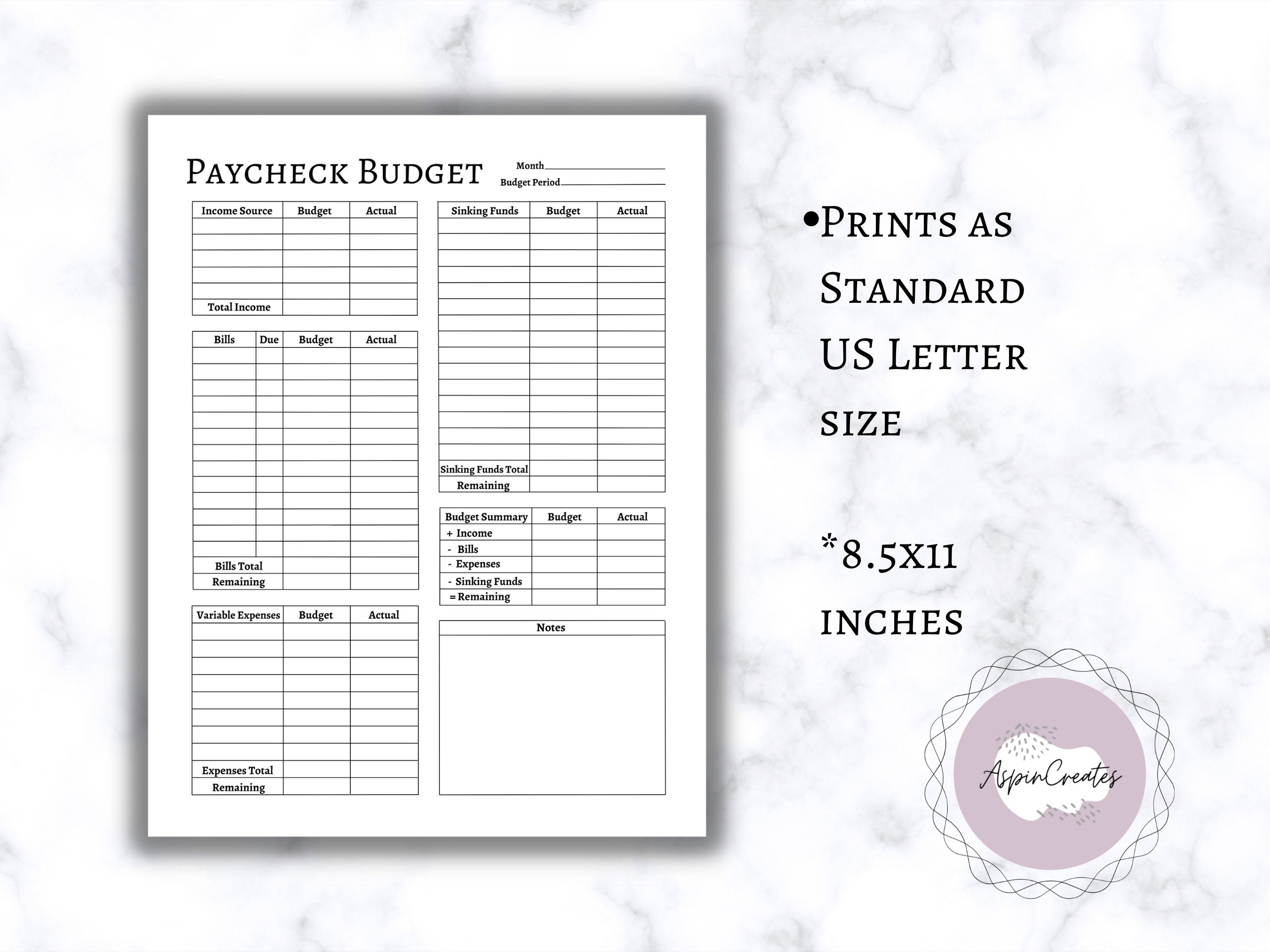 Printable Zero Based Paycheck Budget, Cash Envelope Method, Instant ...