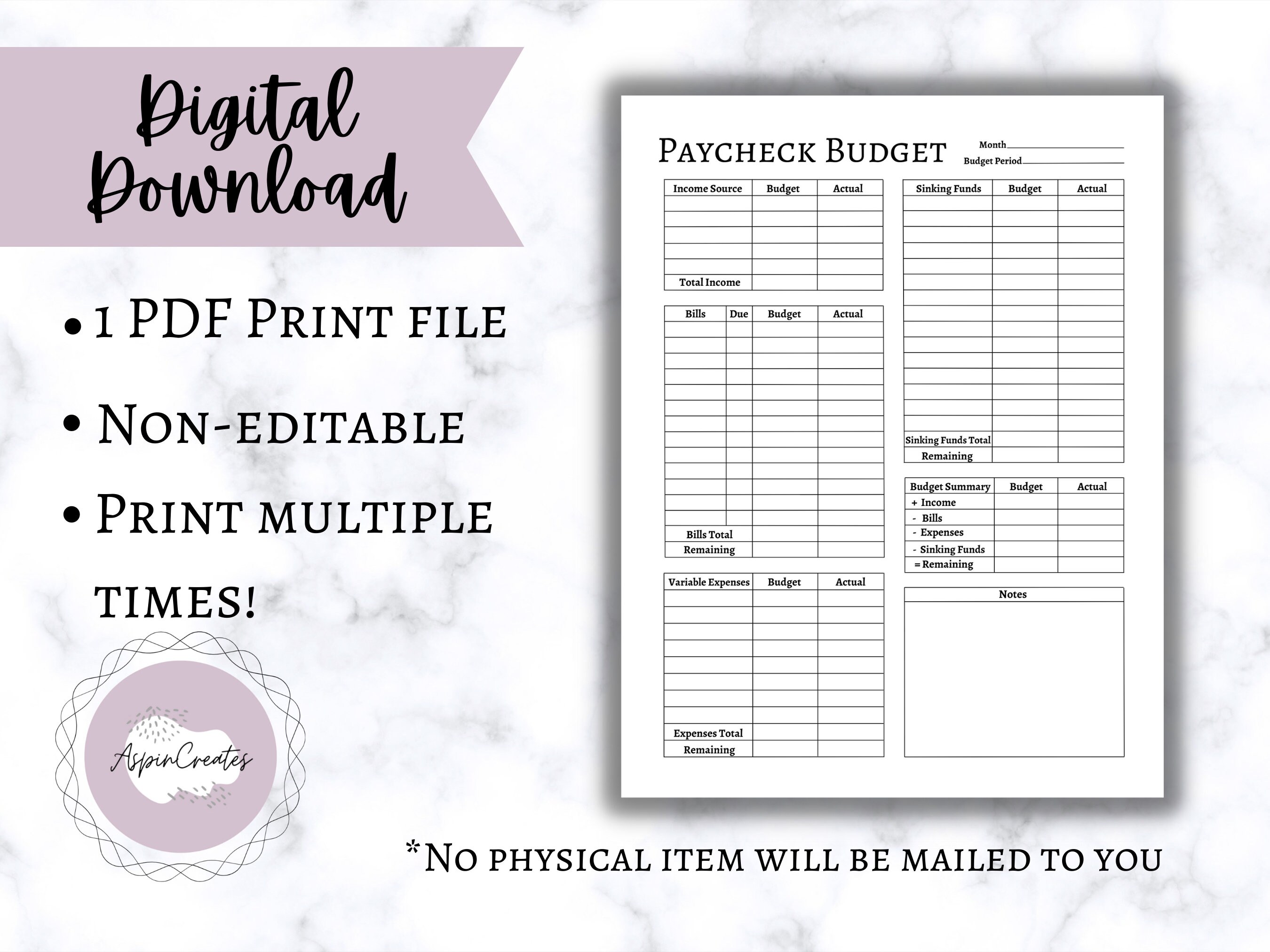 Printable Zero Based Paycheck Budget, Cash Envelope Method, Instant ...