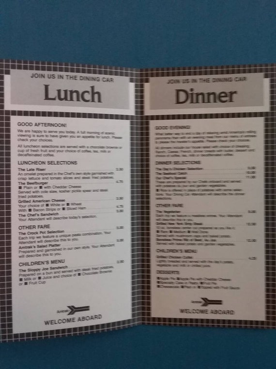 Amtrak Dining Car Menu