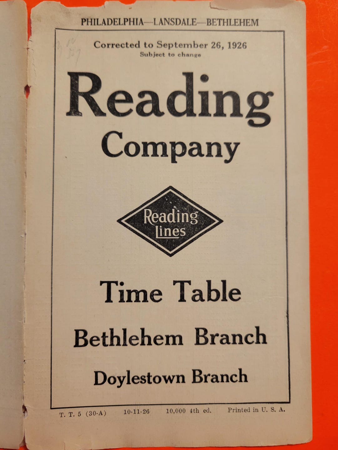 Reading Railroad Timetable for Bethlehem Branch and Doylestown Branch ...