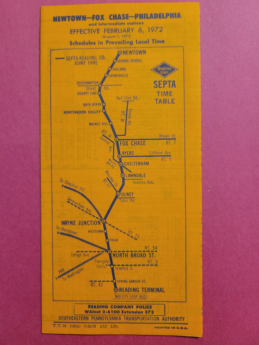 Septa, Reading Lines Railroad Schedule From 1972 - Etsy