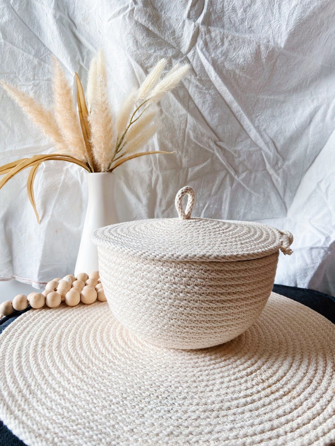 Cotton Rope Basket With Lid, Farmhouse Basket, Rope Basket, Basket With ...