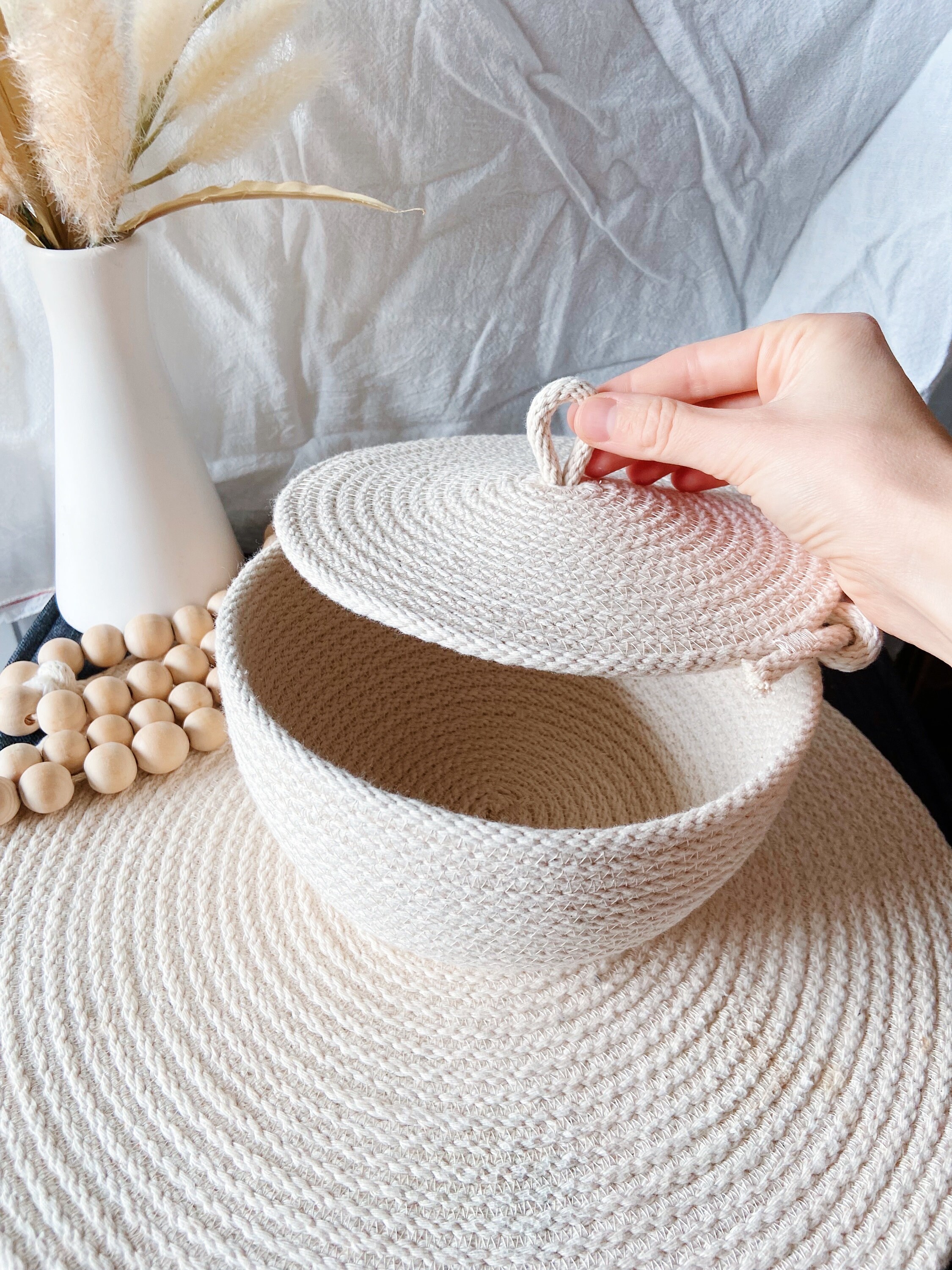 Cotton Rope Basket With Lid, Farmhouse Basket, Rope Basket, Basket With ...