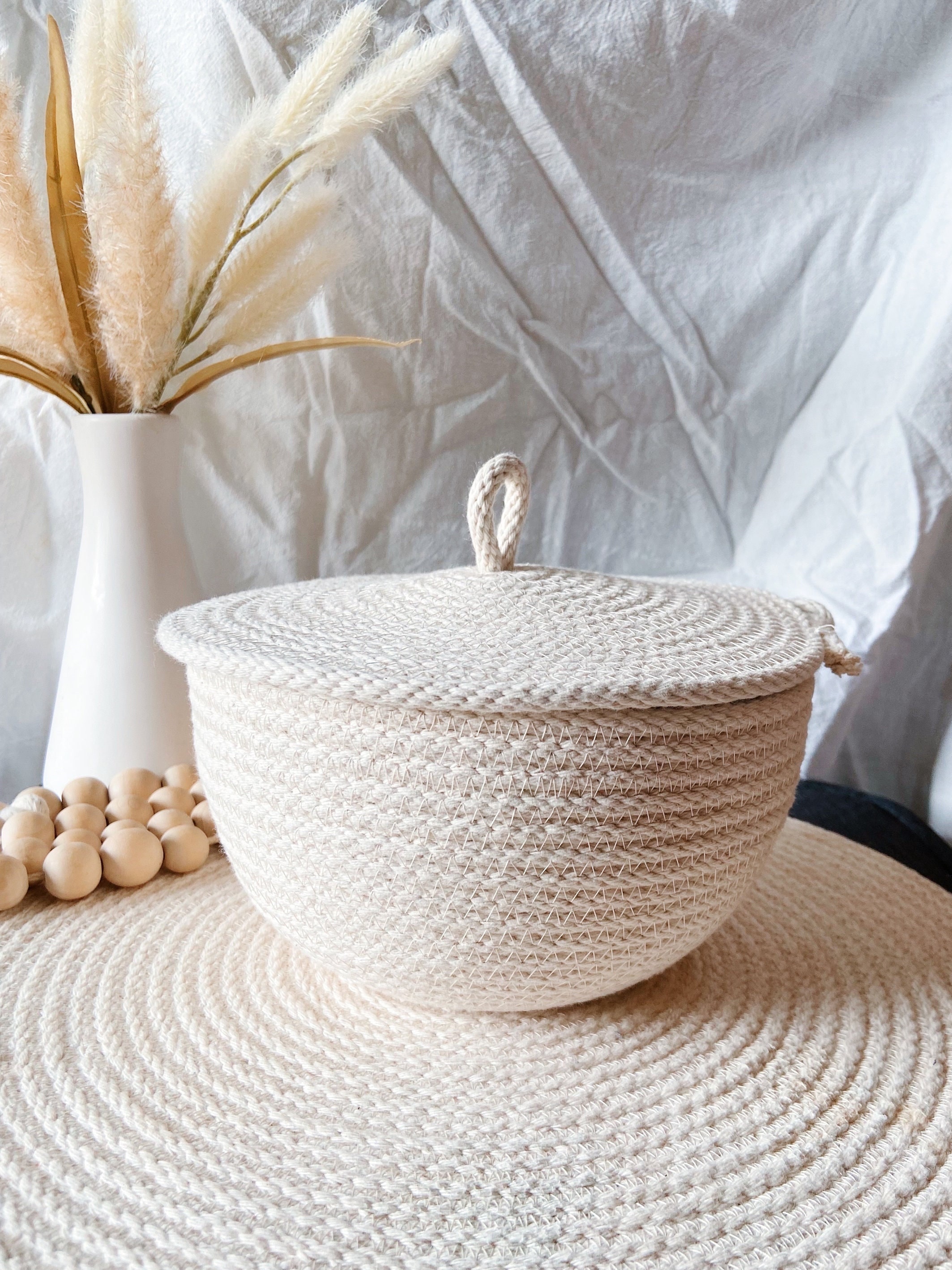 Cotton Rope Basket With Lid, Farmhouse Basket, Rope Basket, Basket With ...