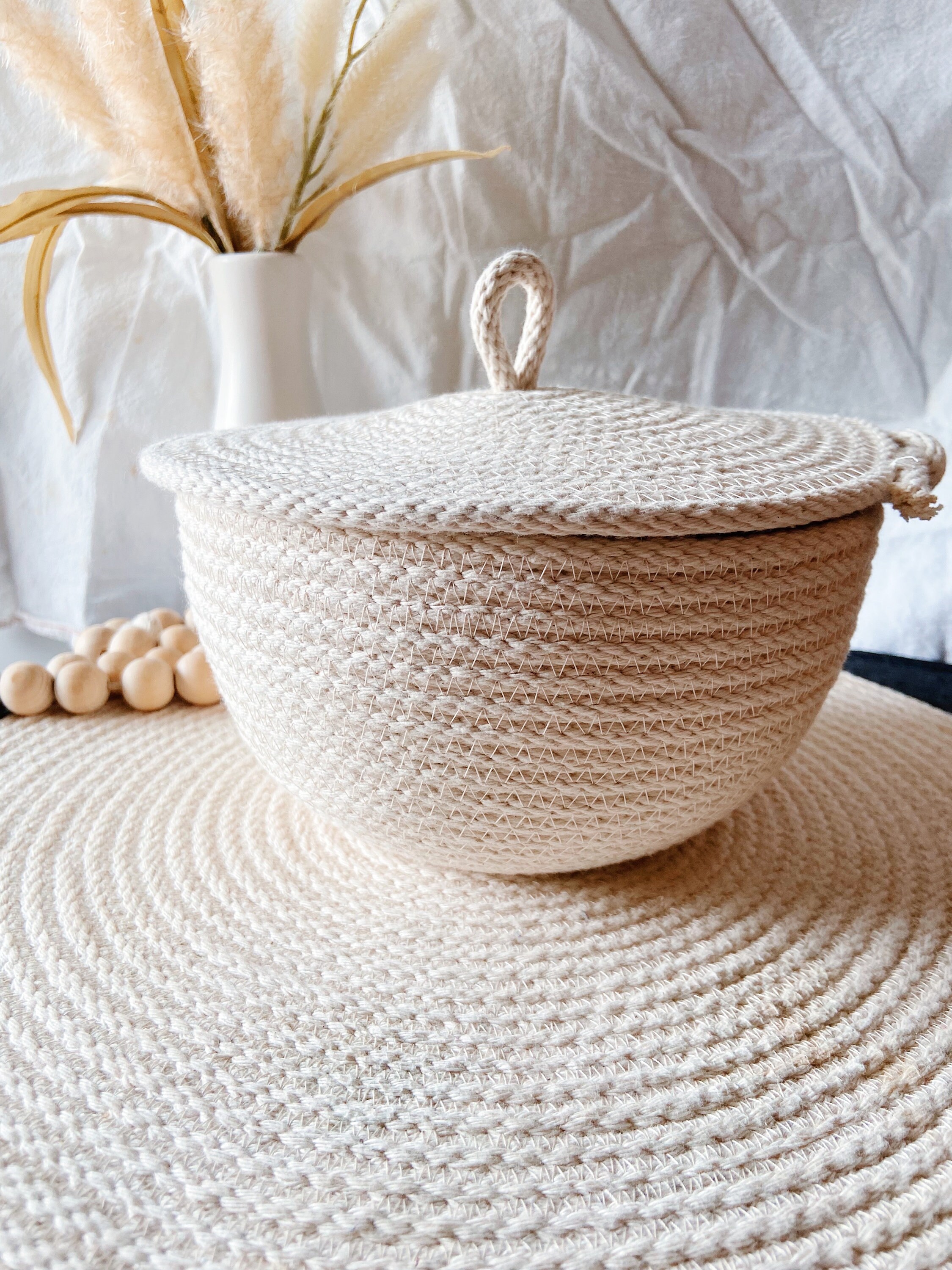 Cotton Rope Basket With Lid, Farmhouse Basket, Rope Basket, Basket With ...