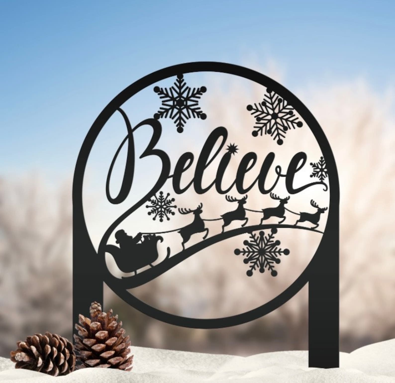 Metal Believe Yard Stake Sign, Outdoor Christmas Decor, Santa With ...