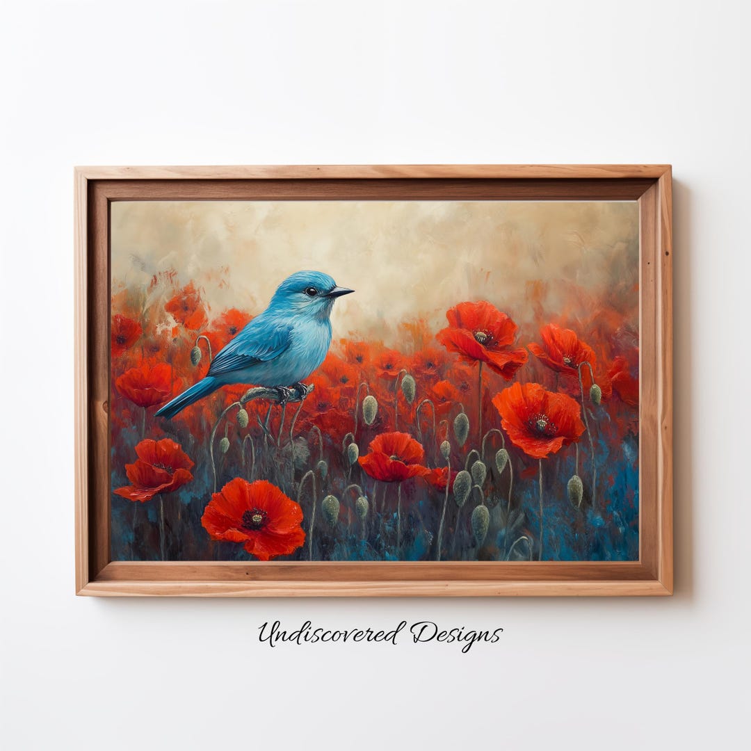Blue Bird Field of Poppies Printable Wall Art Vintage Art Print Spring ...