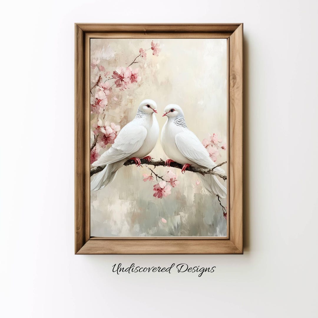 White Doves & Cherry Blossoms Valentines Art Print | Vintage Digital ...