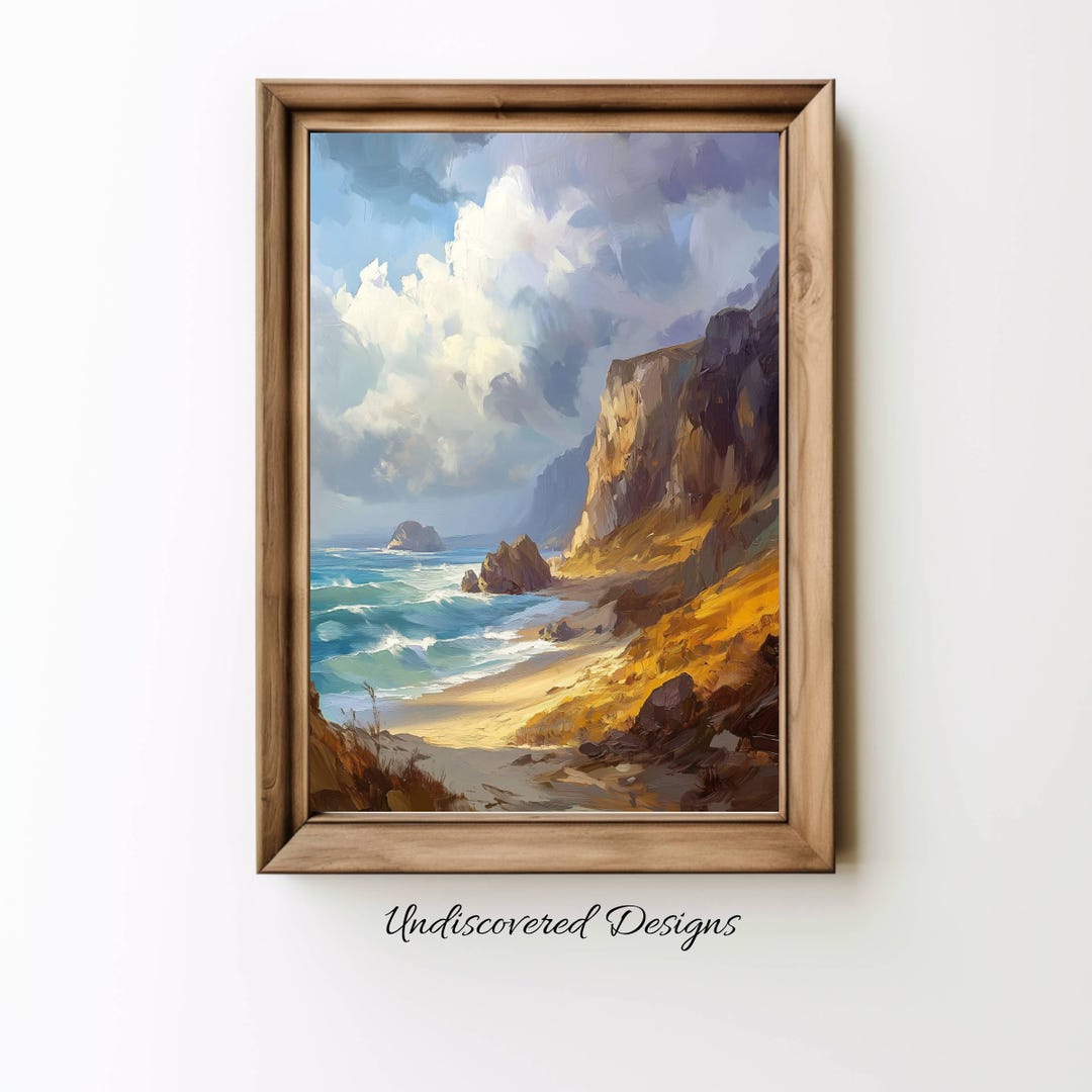 Vintage Coastline Oil Painting Art Print: Rugged Summer Seascape ...
