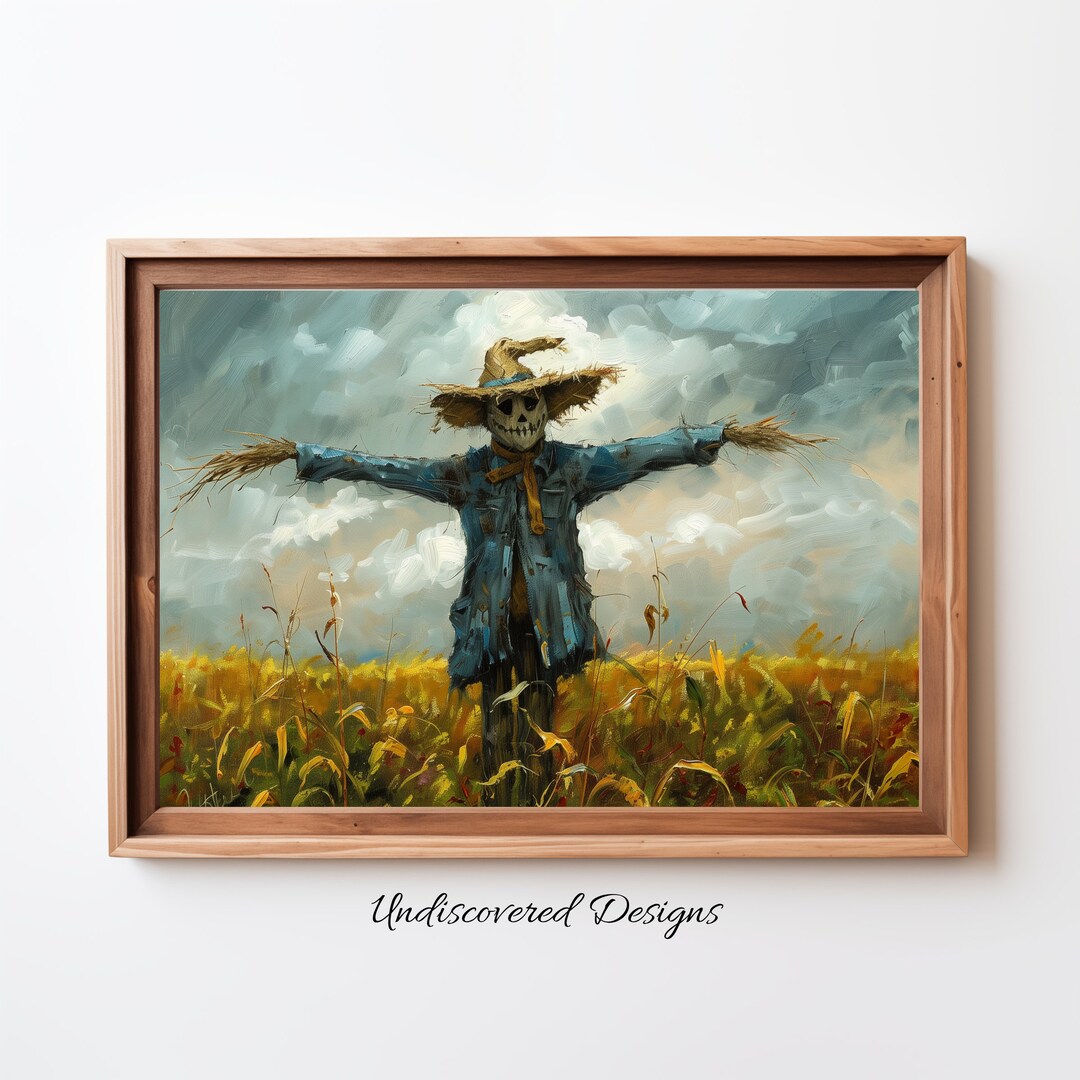 Spooky Scarecrow Halloween Art Print, Vintage Oil Painting (digital ...