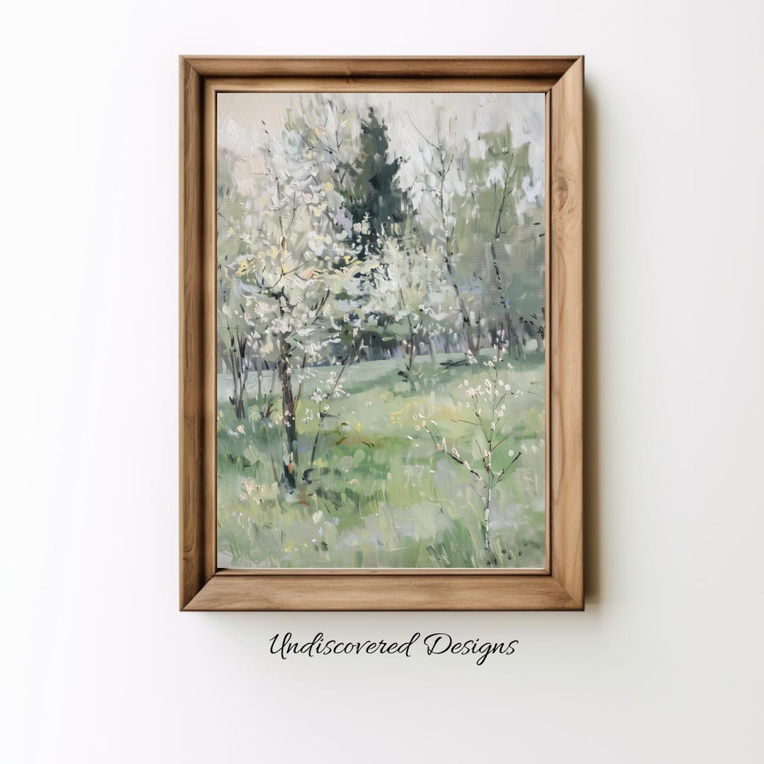 Vintage Spring Landscape Art Print: Farmhouse Trees & Grass (digital ...