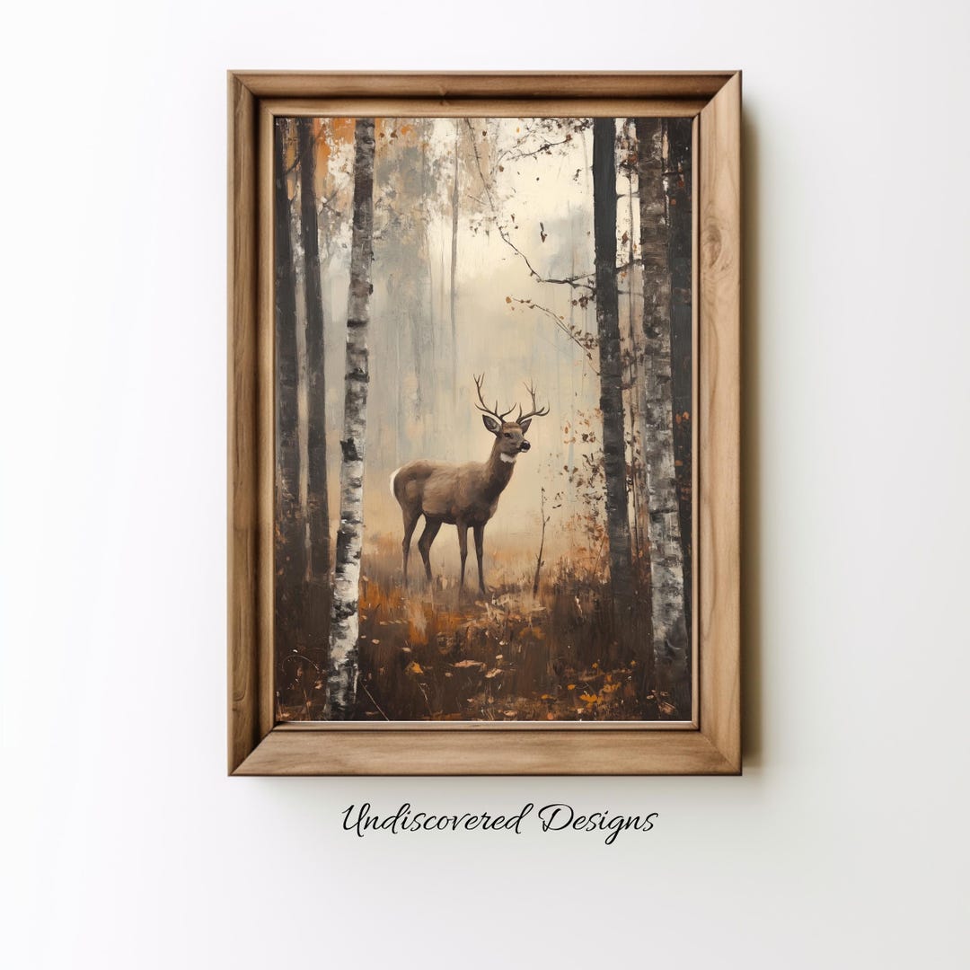 Vintage Deer in Woods Art Print: Rustic Oil Painting Style (digital ...