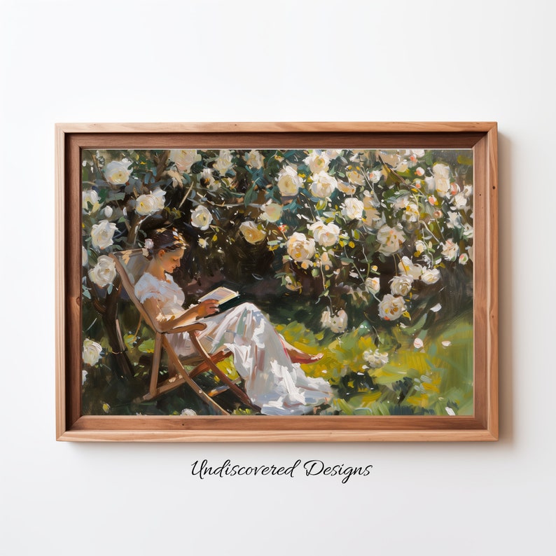 Woman Reading Among Roses Vintage Art Print (digital Download) - Etsy
