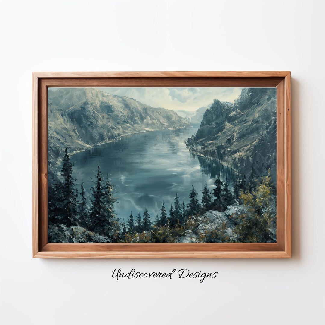 Mountain Lake Painting - Vintage Print Rustic Decor for Lake House ...