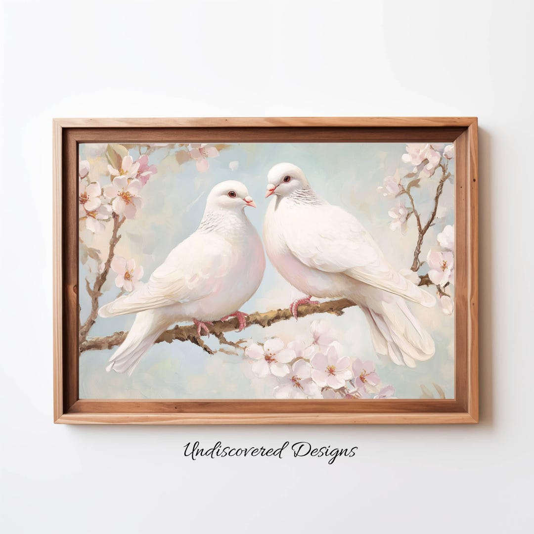 White Doves & Cherry Blossoms Valentines Art Print | Vintage Digital ...