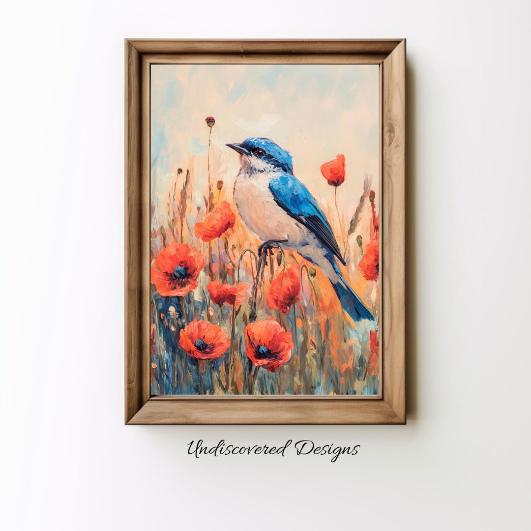 Poppies and Blue Bird Vintage Art Print: Farmhouse Spring Decor ...