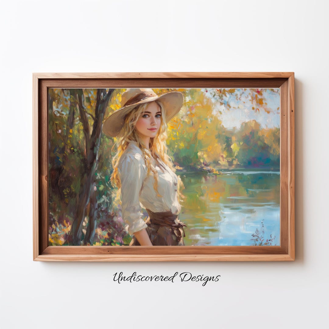 Art Printout - Woman Standing by the Lake, Vintage Digital Art Print ...