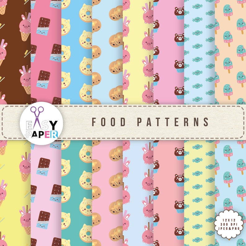 Kawaii Food Pattern Digital Paper Downloads , Printable Scrapbook Paper ...