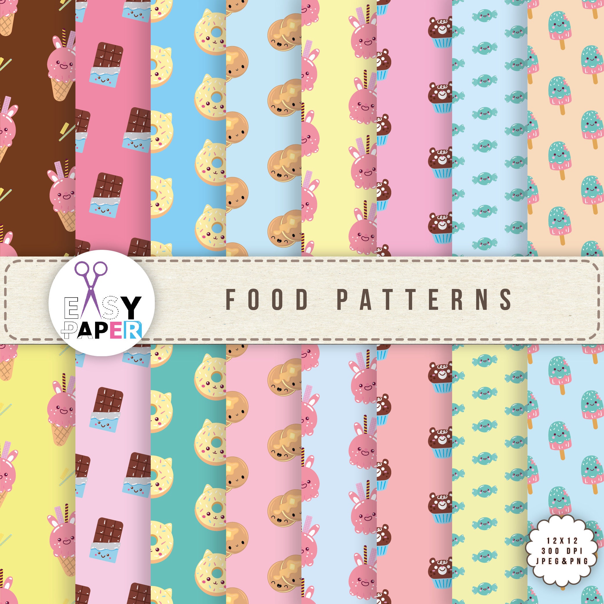Kawaii Food Pattern Digital Paper Downloads , Printable Scrapbook Paper ...