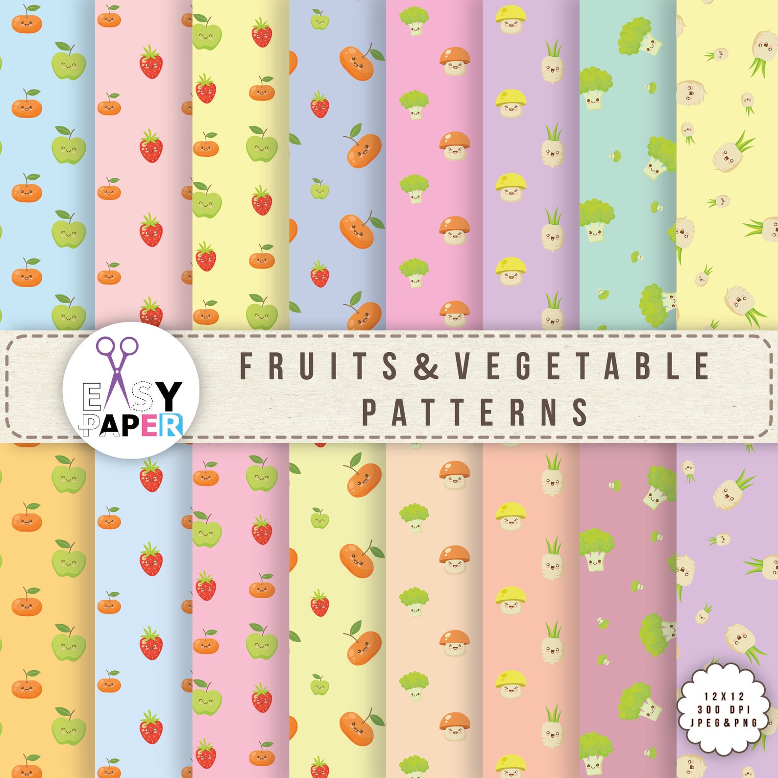 Kawaii Fruits and Veggies Pattern Digital Paper Downloads , Printable ...