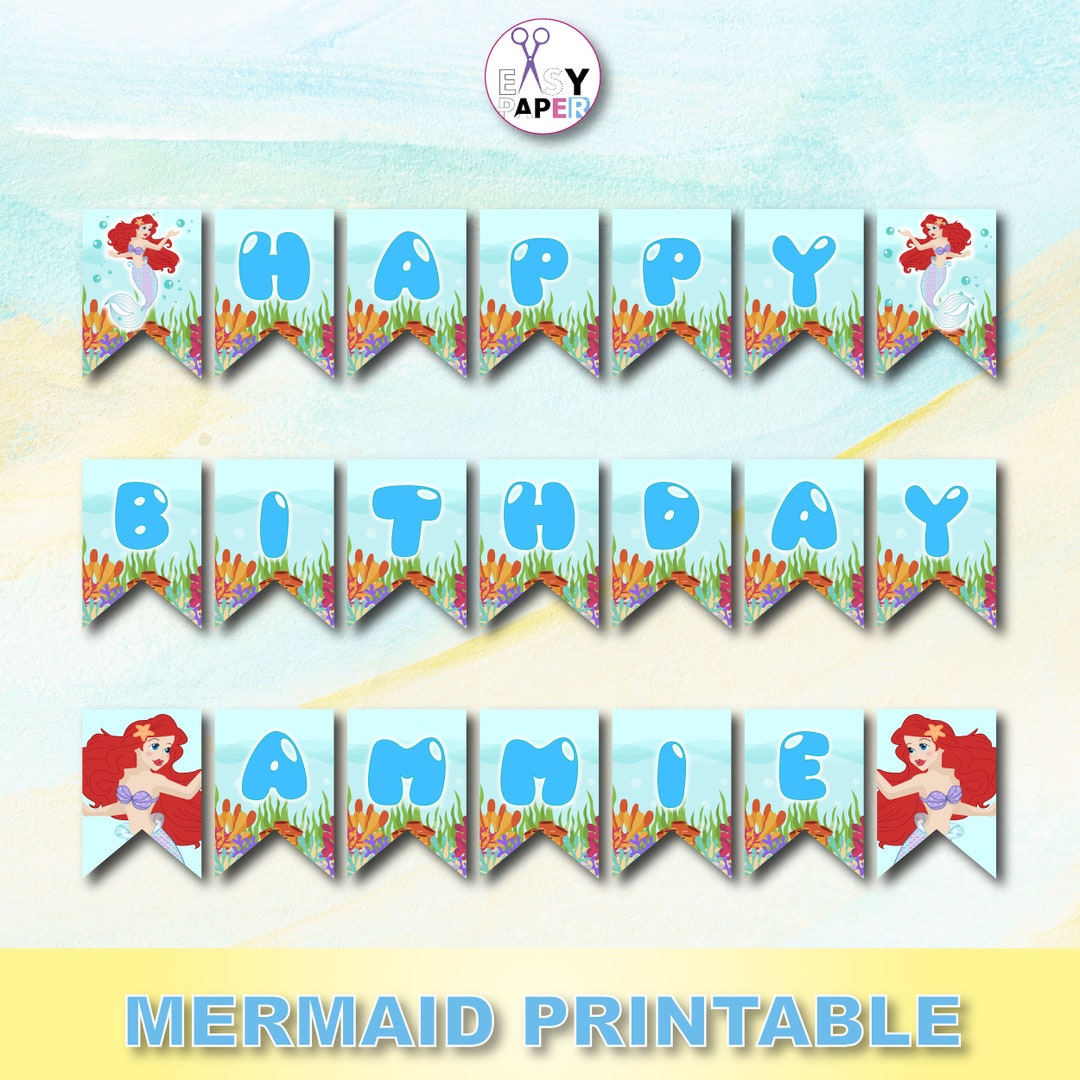 Princess Mermaid Banner, Printable Princess Mermaid Triangle Banner ...