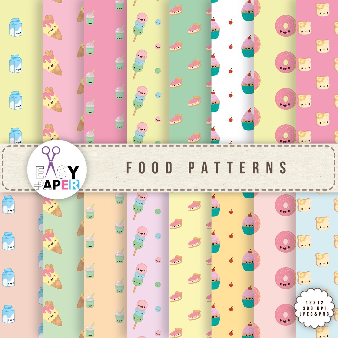 Kawaii Food Pattern Digital Paper Downloads , Printable Scrapbook Paper ...